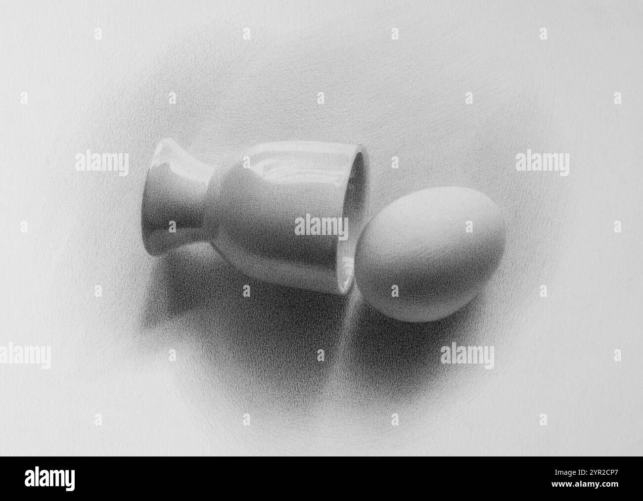 A finely detailed pencil drawing depicting a ceramic egg holder lying ...