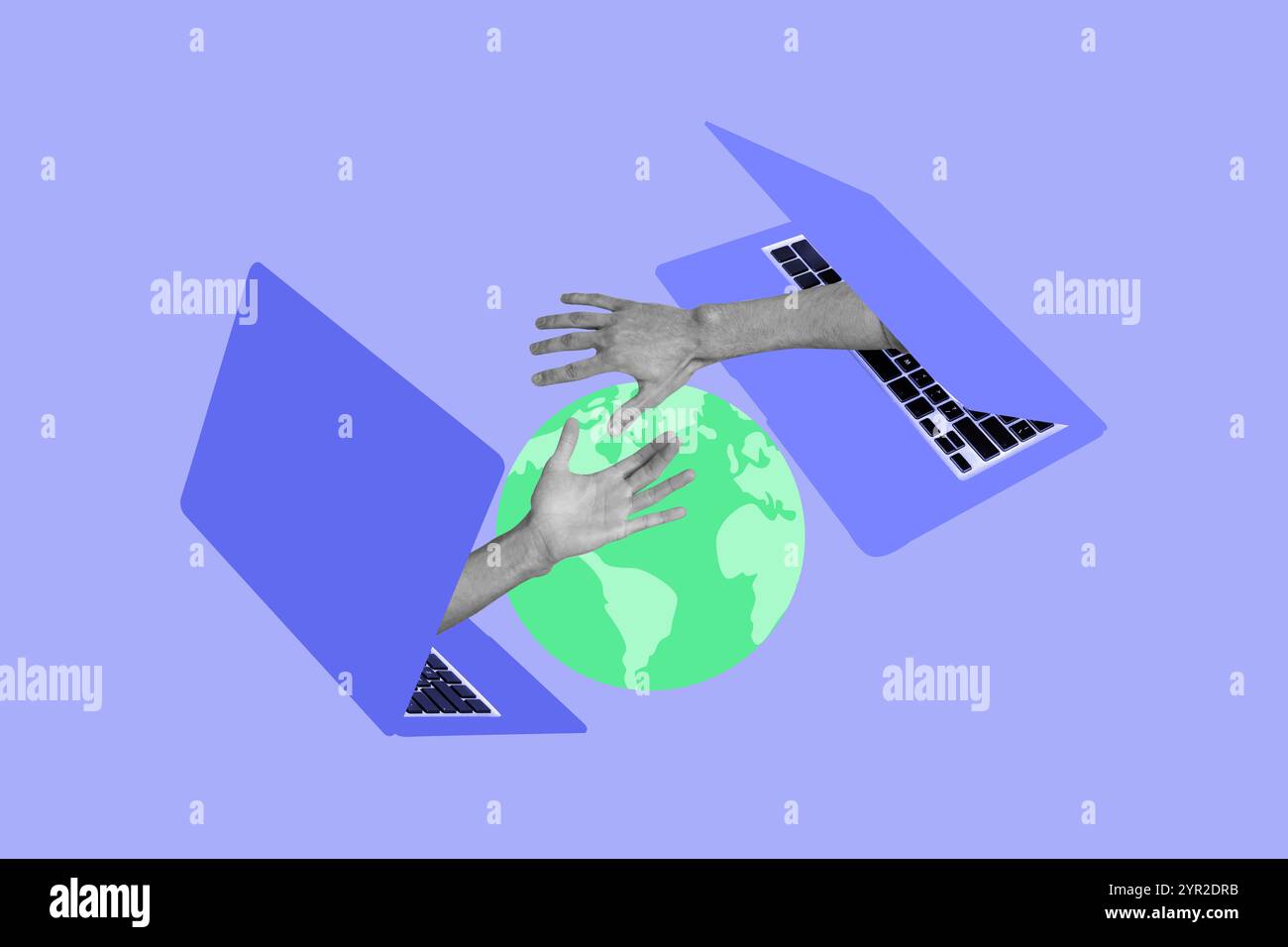 Composite photo collage of hands reach together peek laptop screen ...