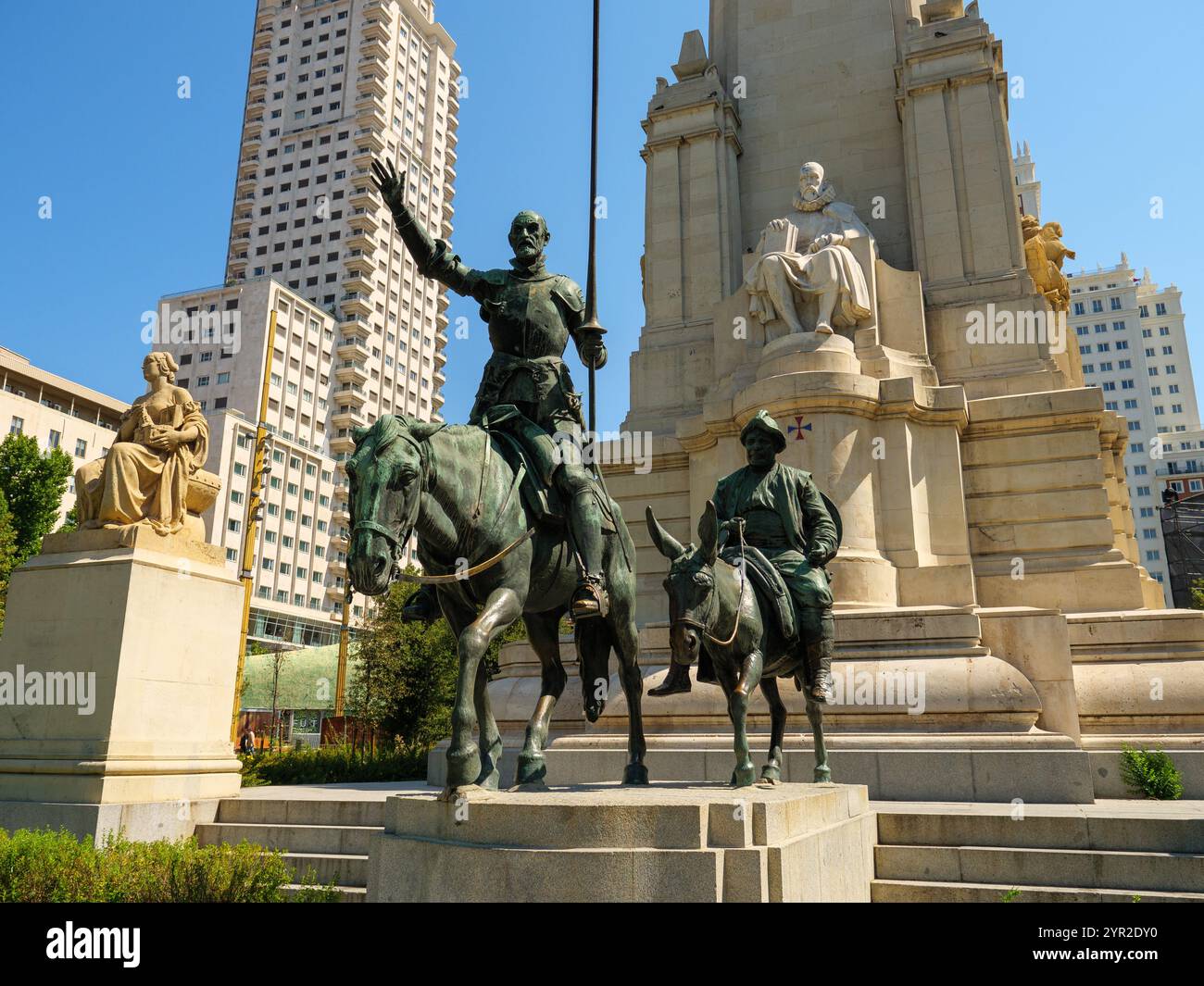 Bronze statue of Don Quixote and Sancho Panza at the Cervantes monument ...