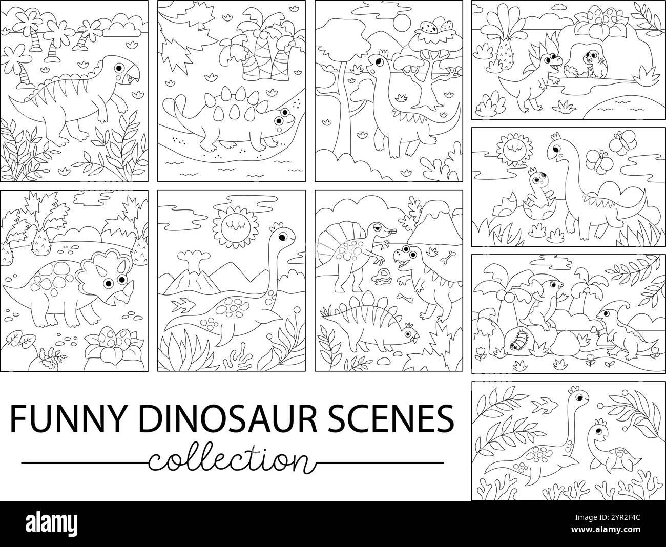 Vector black and white dinosaur vertical and horizontal scenes ...