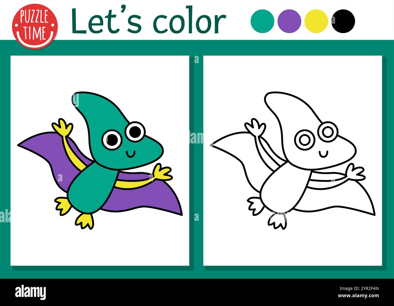 Dinosaur coloring page for children with little baby pterosaur. Vector ...