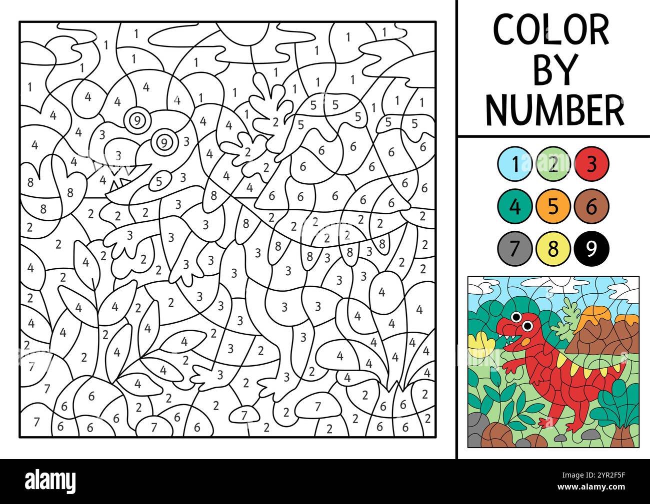Vector dinosaur color by number activity with tyrannosaurus, volcano ...