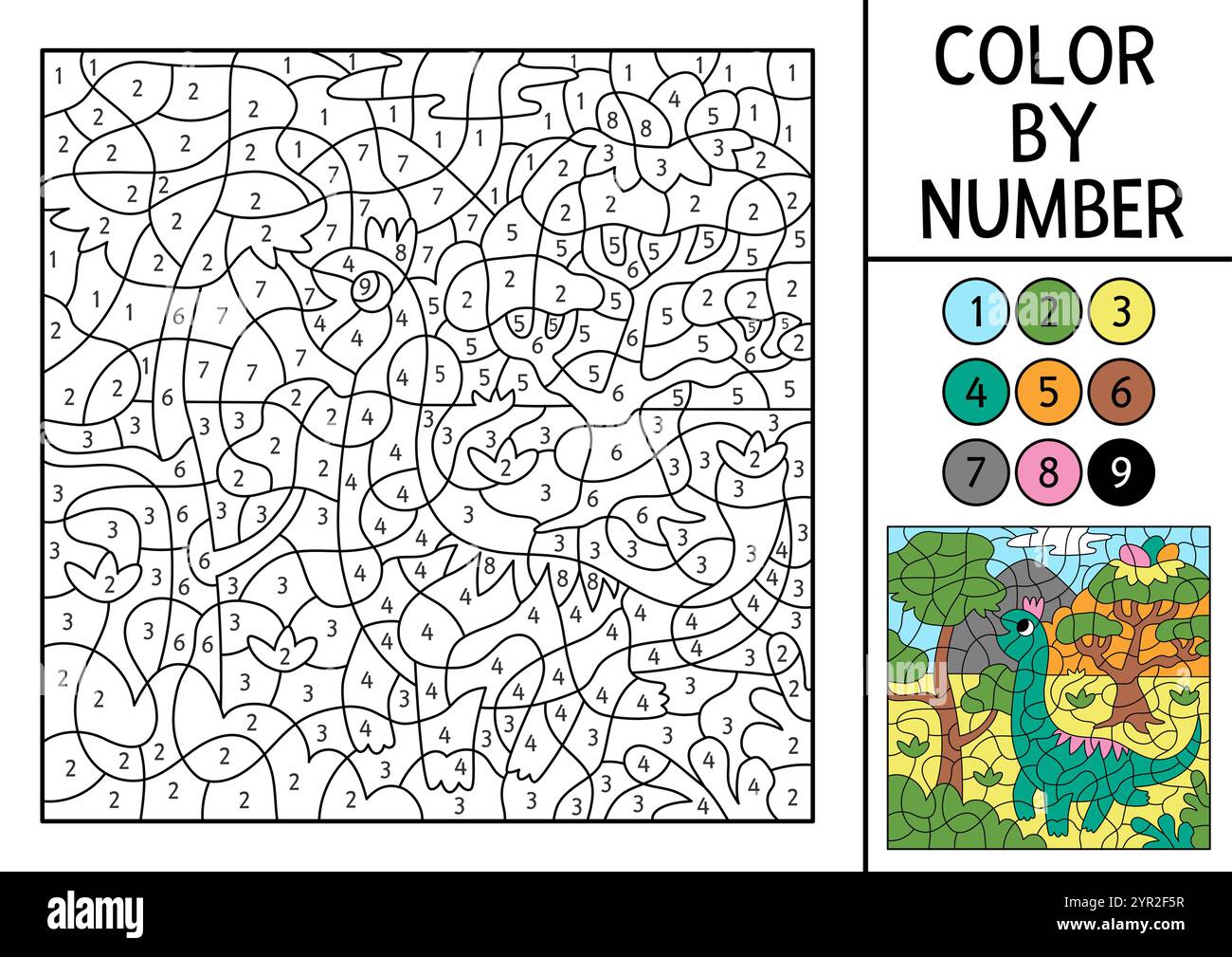 Vector dinosaur color by number activity with brachiosaurus eating ...