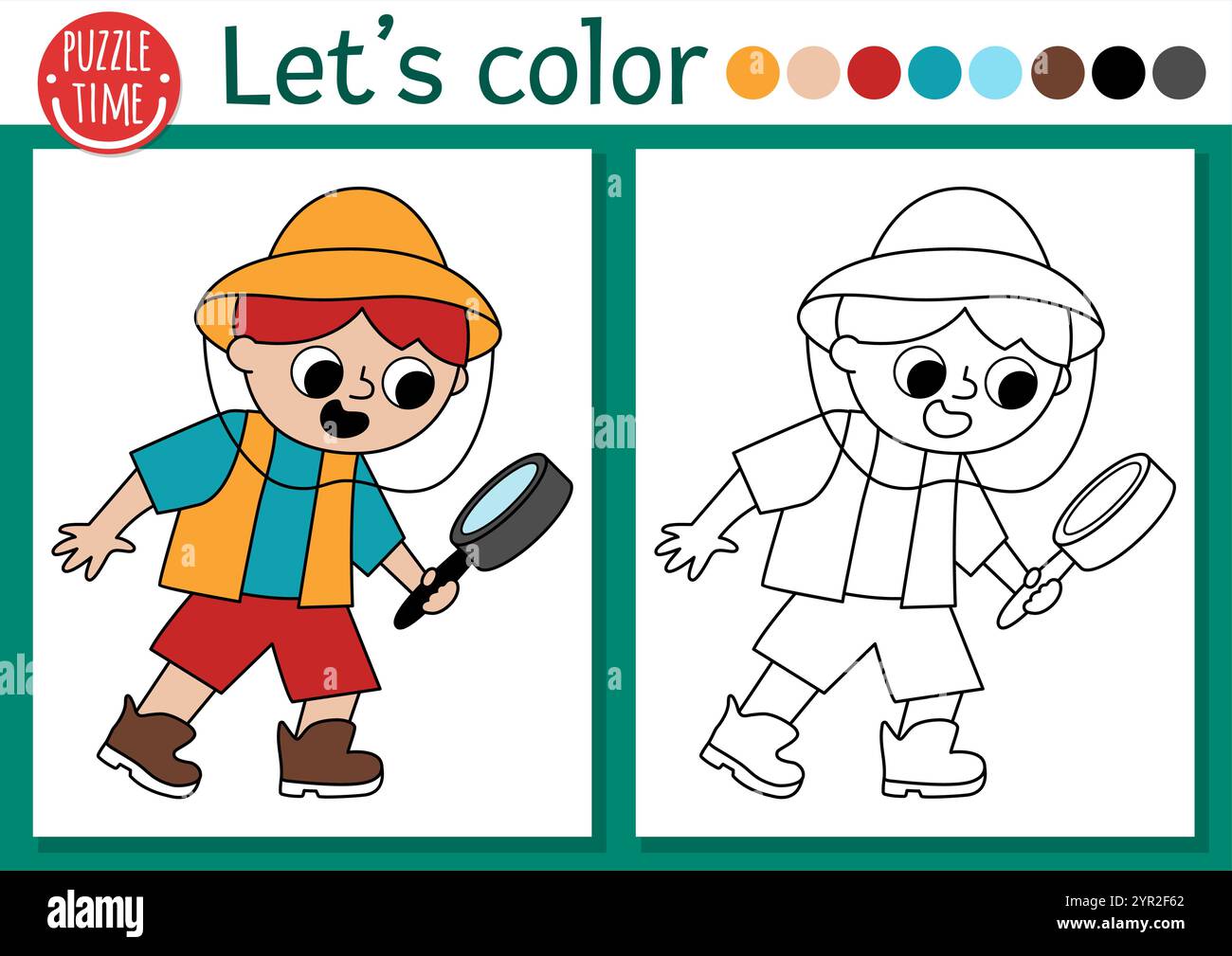 Dinosaur coloring page for children with paleontologist. Vector ...