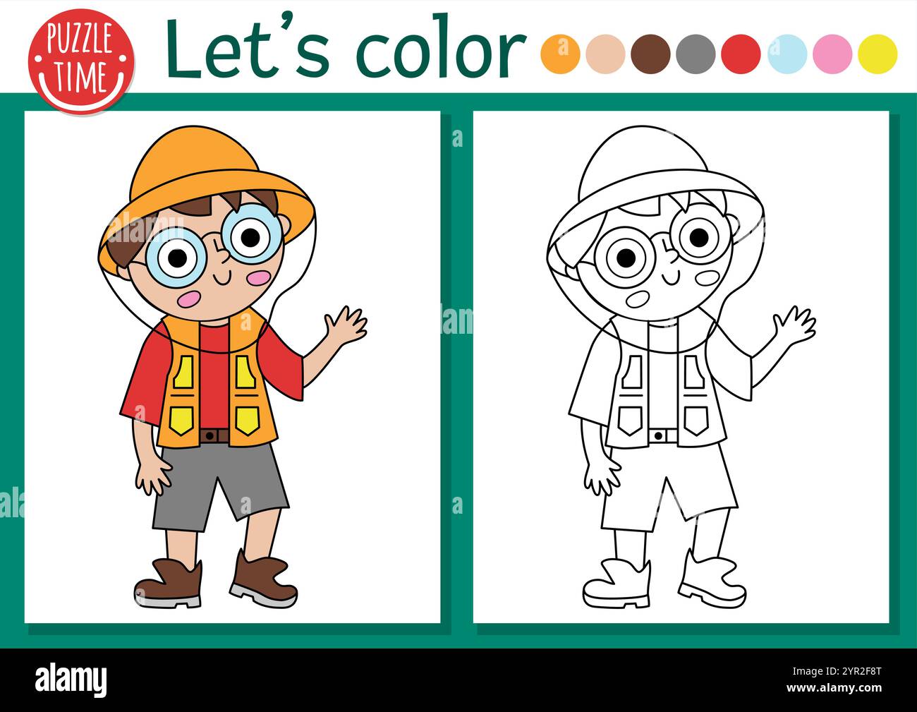 Dinosaur coloring page for children with paleontologist. Vector ...