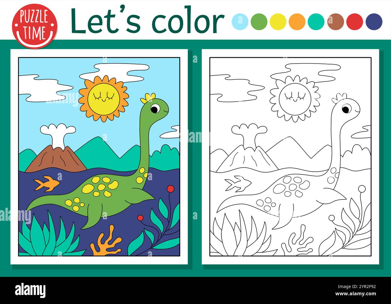 Dinosaur coloring page for children with plesiosaur. Vector outline ...