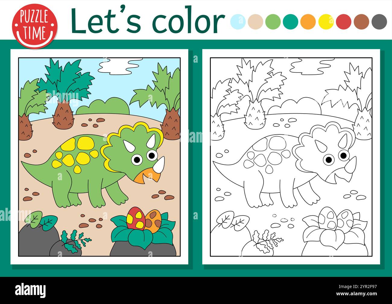 Dinosaur coloring page for children with triceratops. Vector outline ...