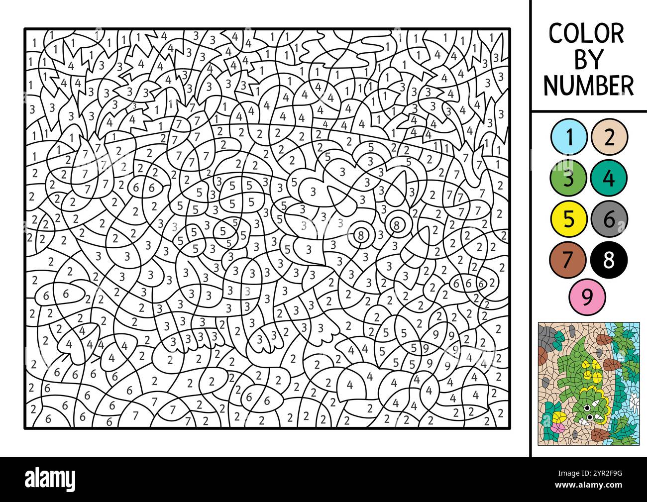 Vector dinosaur color by number activity with triceratops, eggs and ...