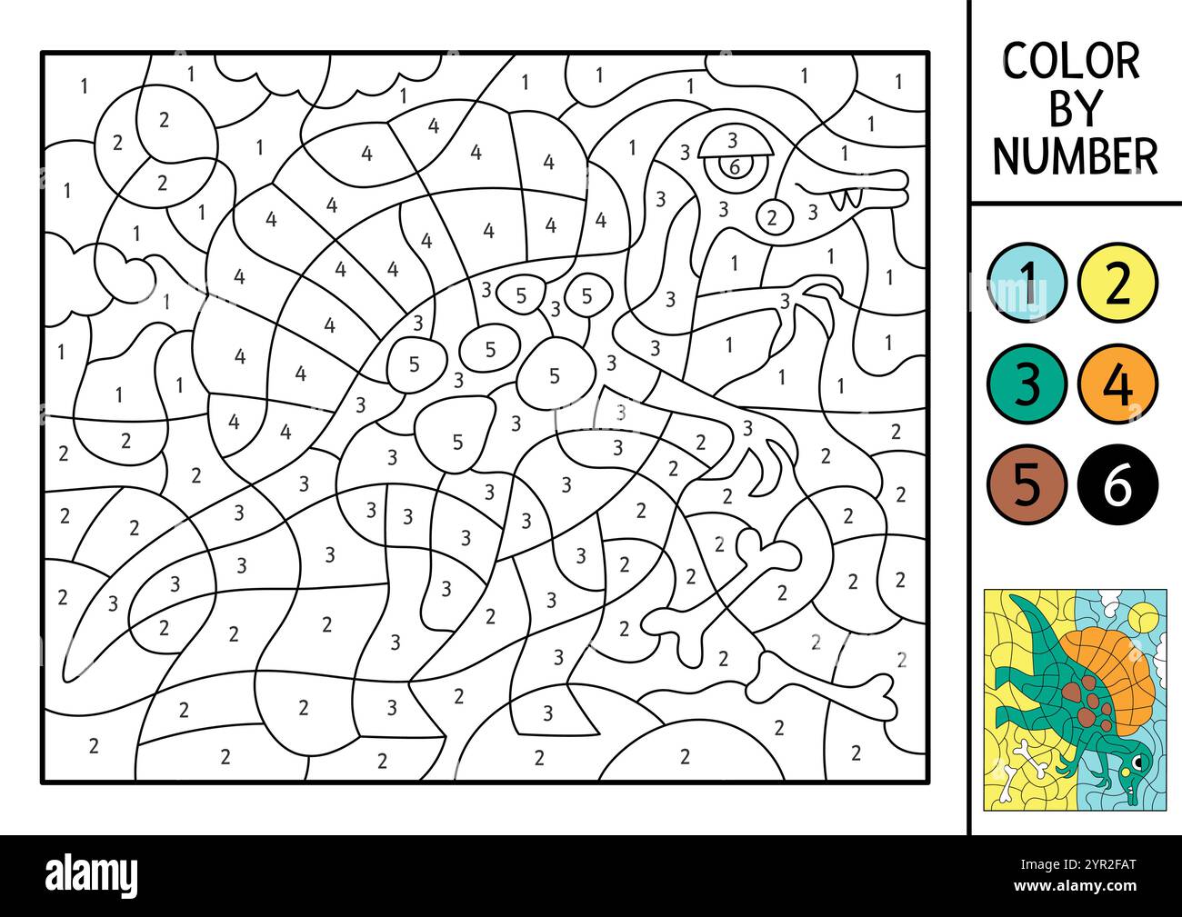 Vector dinosaur color by number activity with Spinosaurus in the desert ...