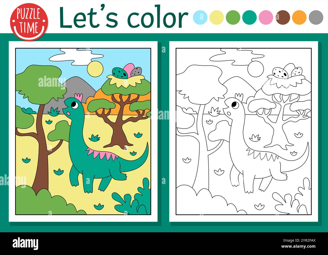 Dinosaur coloring page for children with brachiosaur. Vector outline ...
