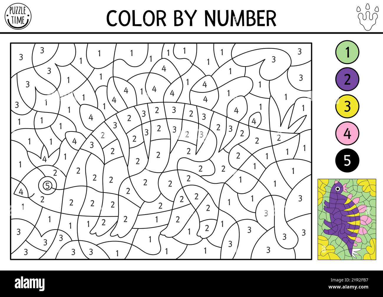Vector dinosaur color by number activity with stegosaurus. Prehistoric ...