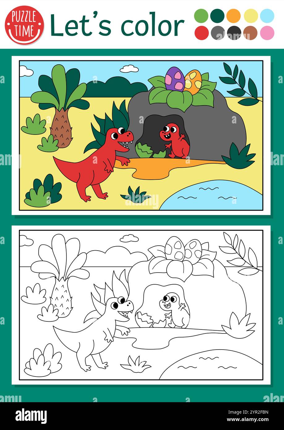 Dinosaur coloring page for children with t-rex and baby. Vector outline ...