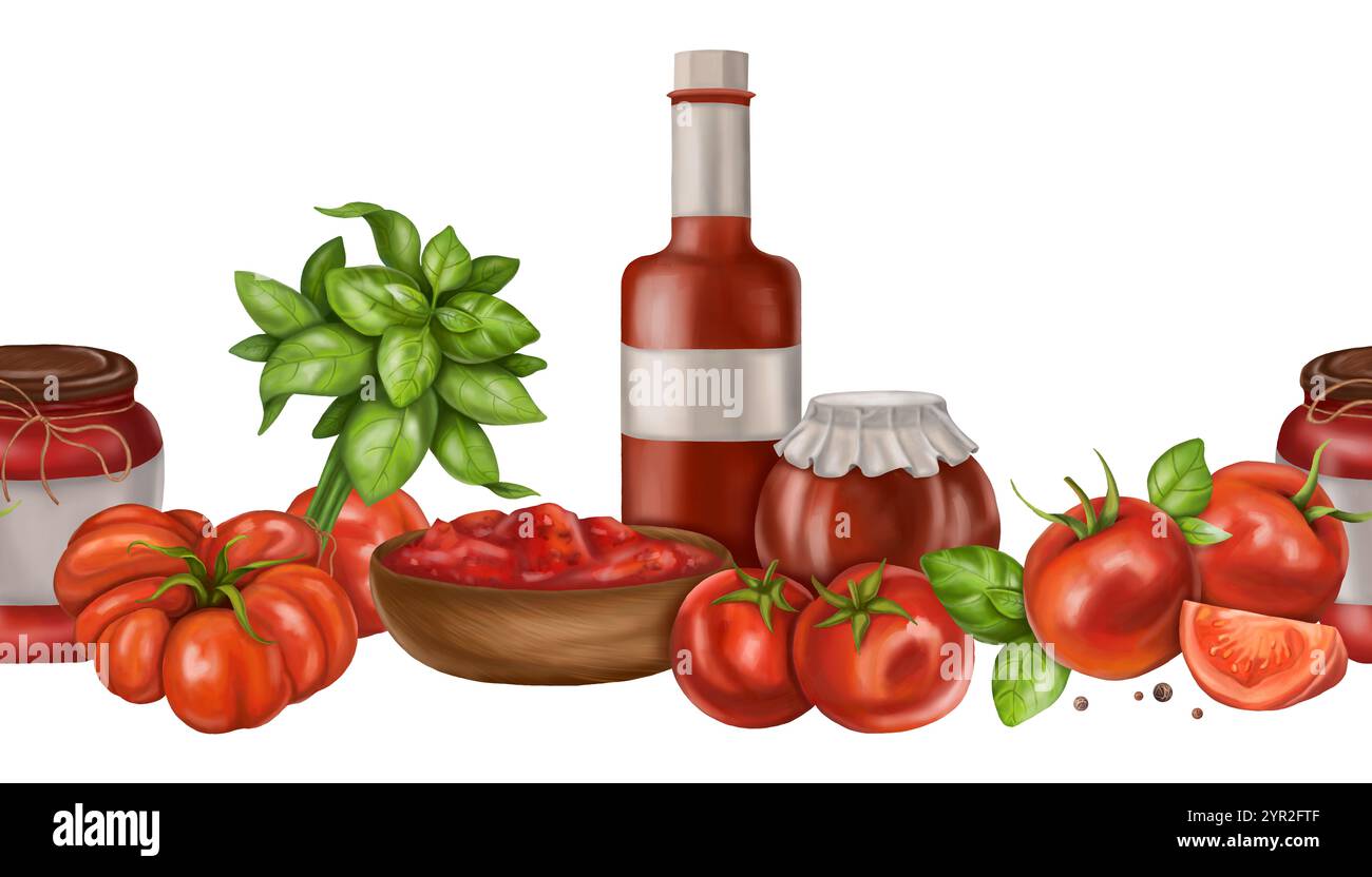Red ripe tomatoes, fresh basil. Seamless horizontal border for long ...