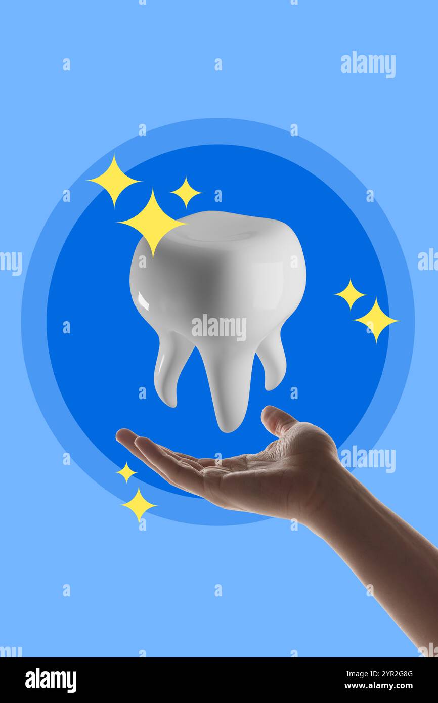 Contemporary art collage. Shiny white tooth floating above hand with ...