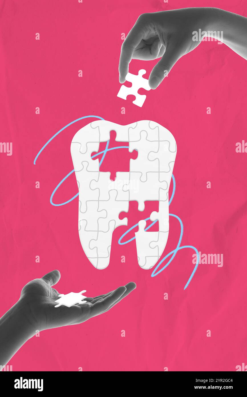 Contemporary art collage. Tooth made of puzzle pieces being assembled ...