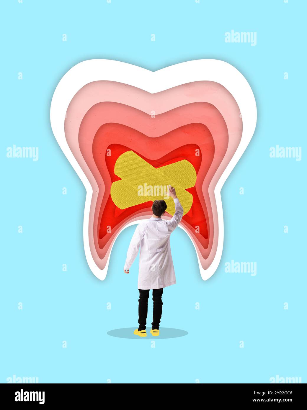 Contemporary art collage. Dentist in white coat exploring layers of ...