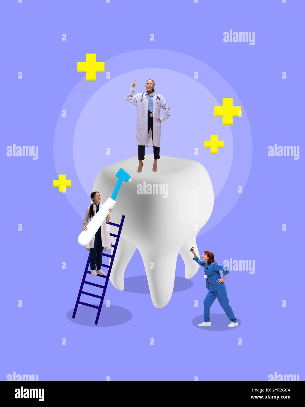 Contemporary art collage. Team of dental professionals working on giant ...