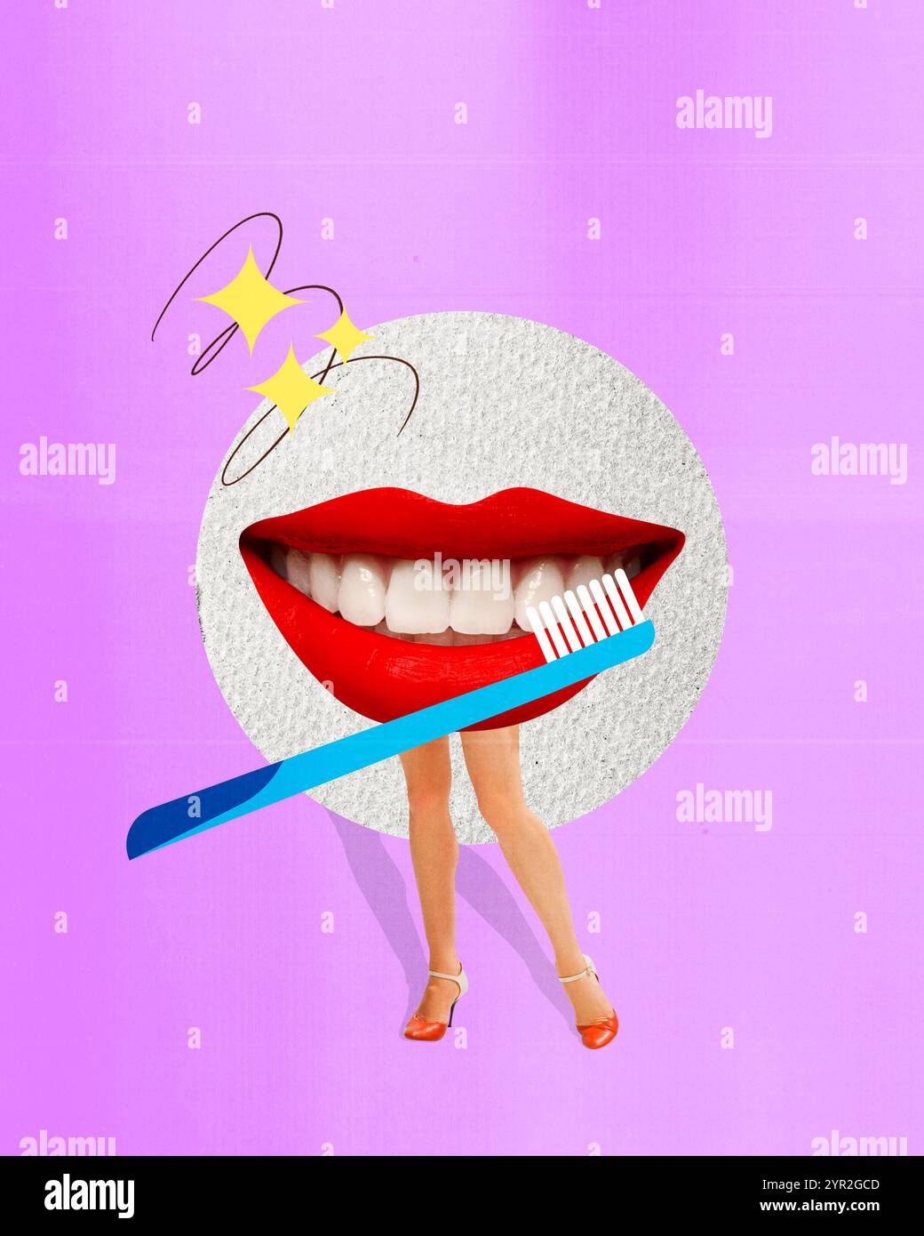 Contemporary art collage. Bright smiling mouth with red lips holding ...