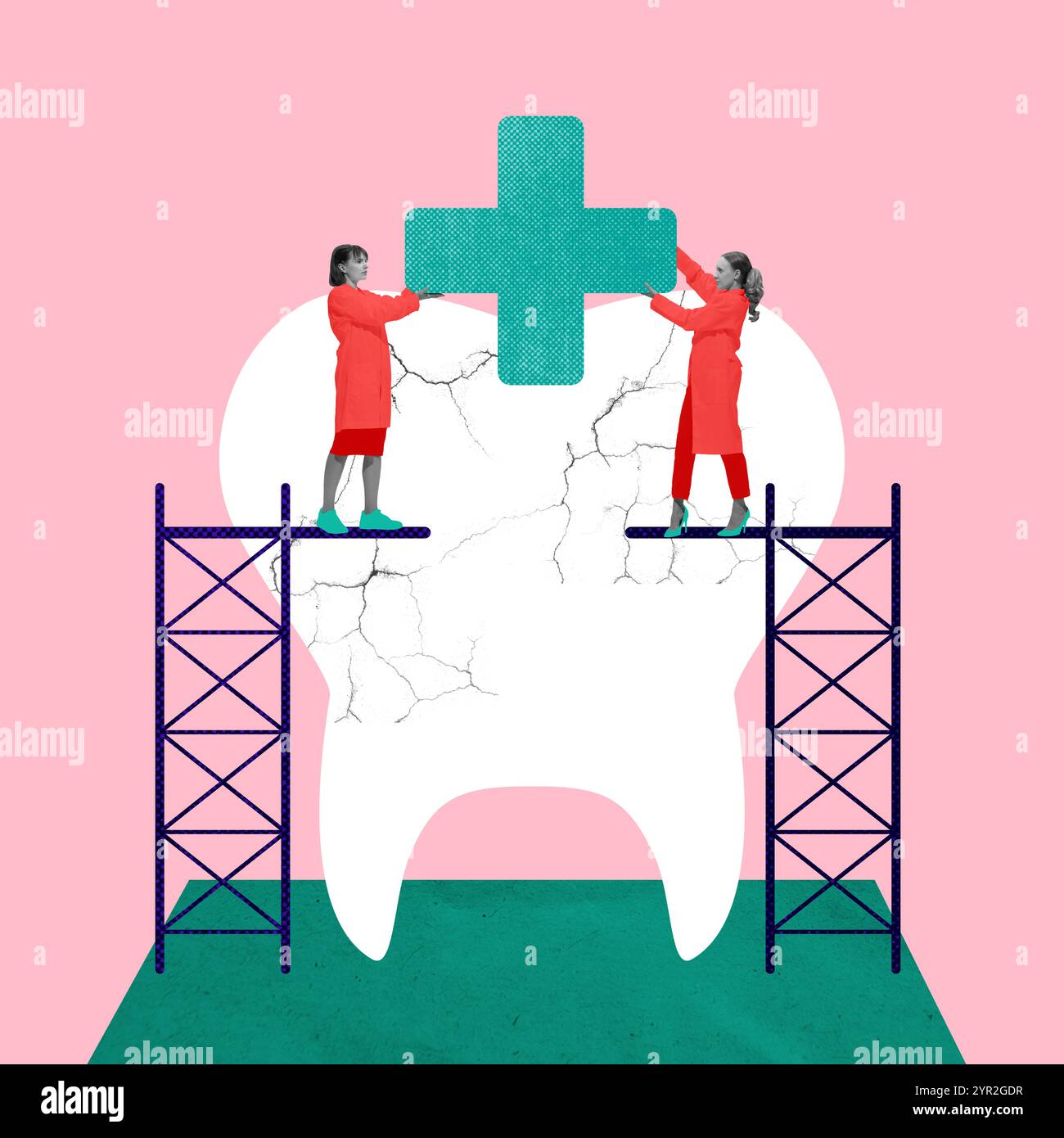 Contemporary art collage. Two professionals standing on scaffolding ... Contemporary art collage. Two professionals standing on scaffolding ...