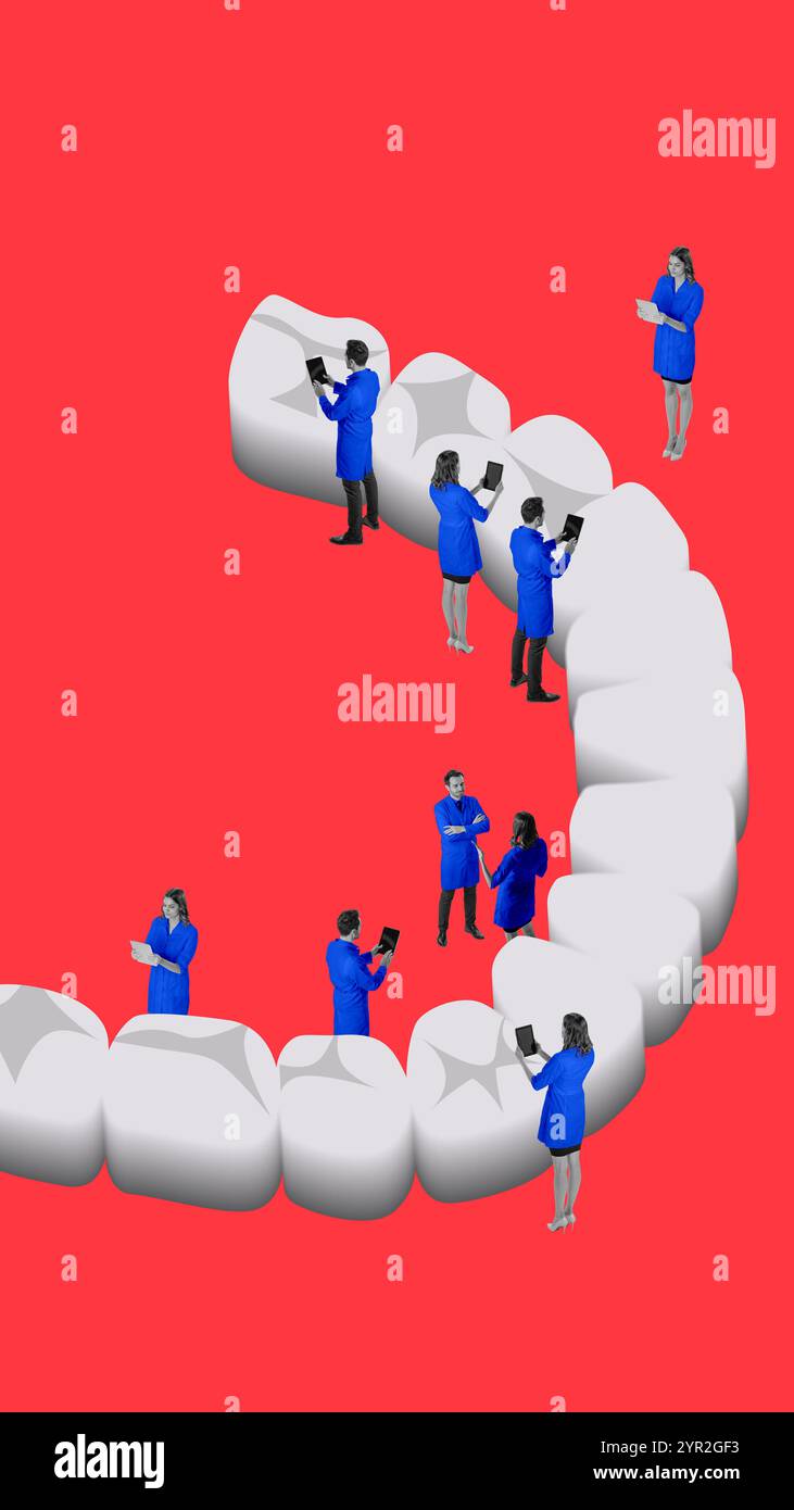 Contemporary art collage. Dental professionals standing around 3D model ...