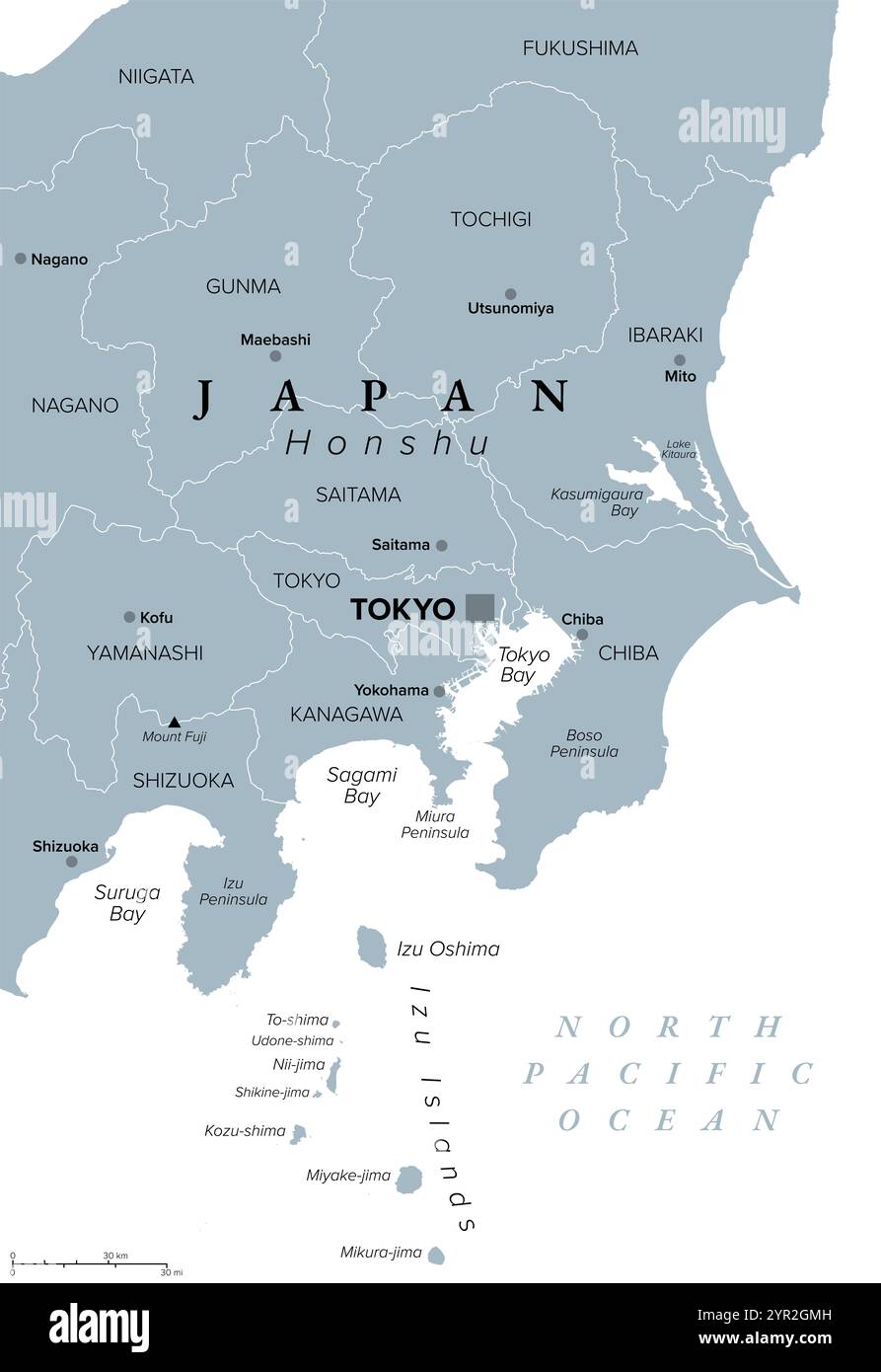 Kanto region of Japan, gray political map. Geographical region of the ...