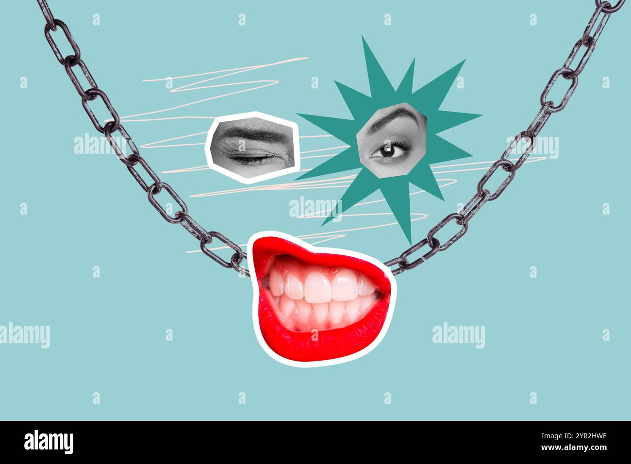 Trend artwork banner sketch 3D photo collage of grimace faceless mouth ...