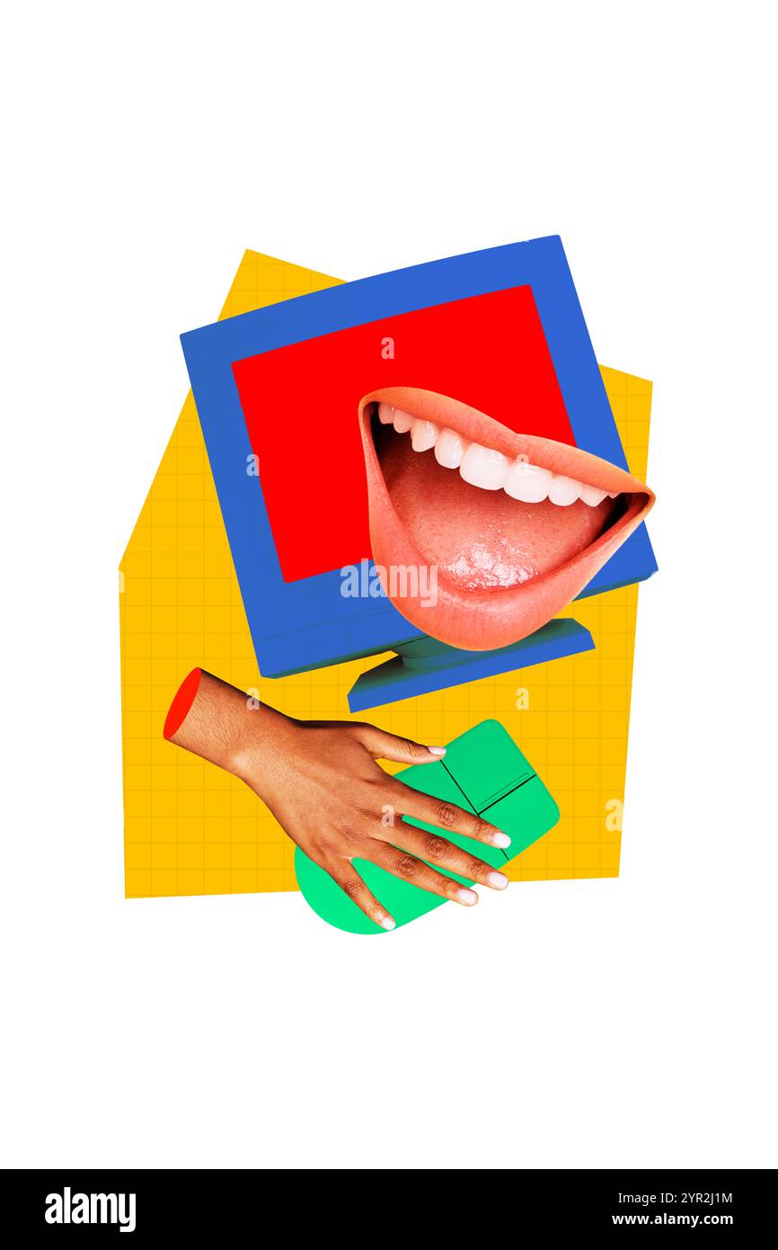 Vertical photo collage of happy headless mouth smile addicted pc ...