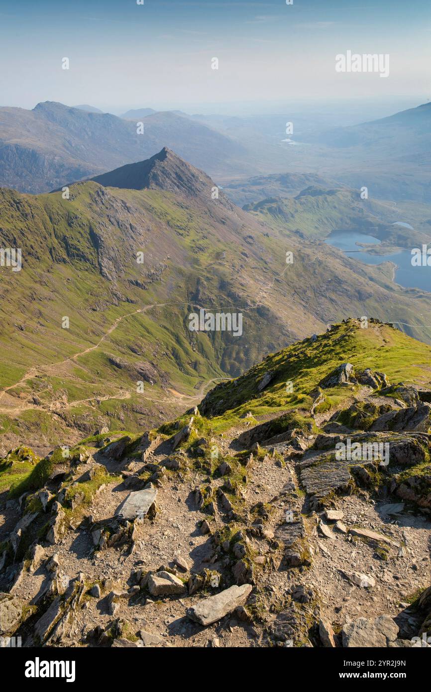 UK, Wales, Gwynedd, Snowdonia, Mount Snowdon summit, view east along ...