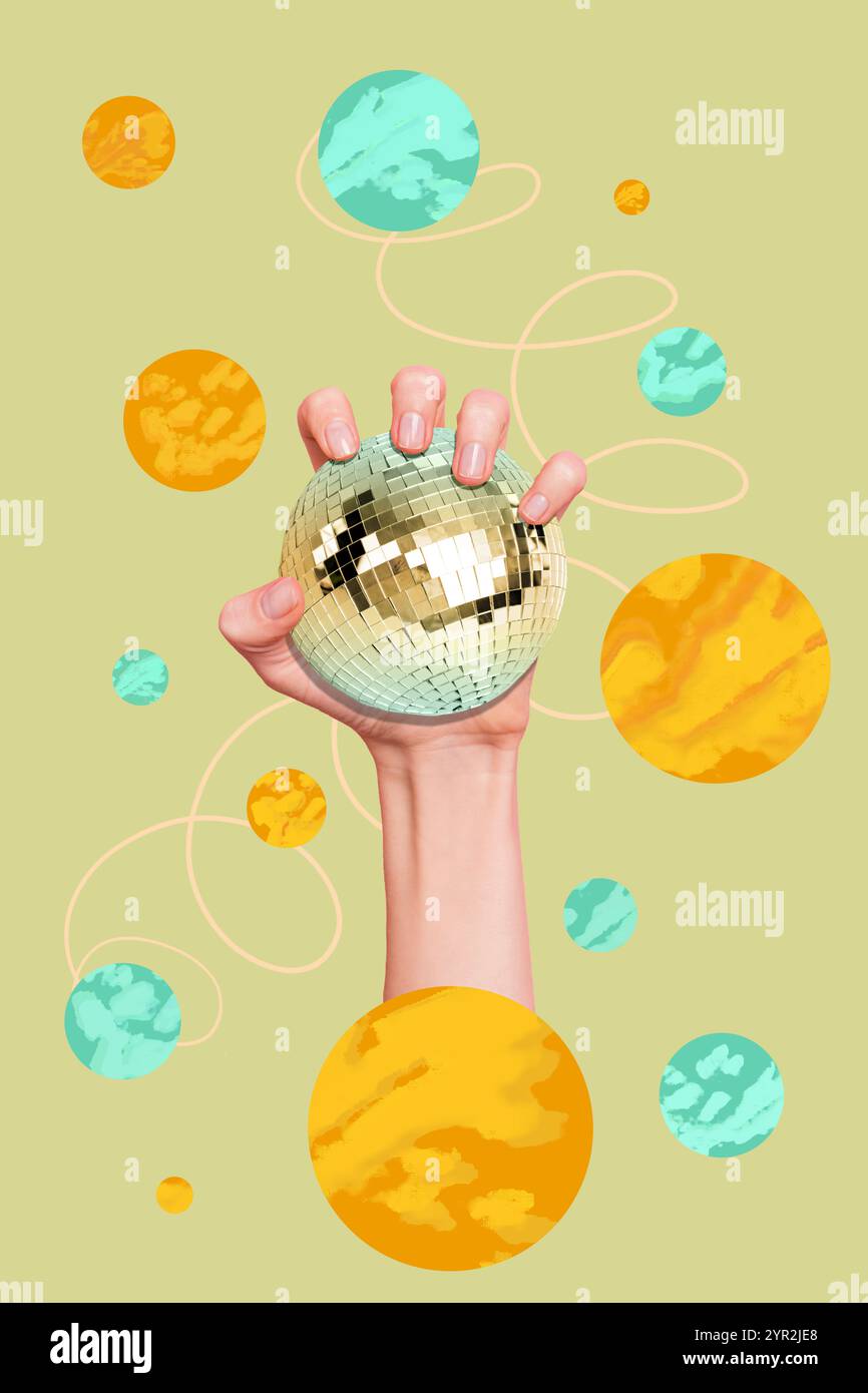 Vertical photo collage of hand hold disco ball celebration party event ...