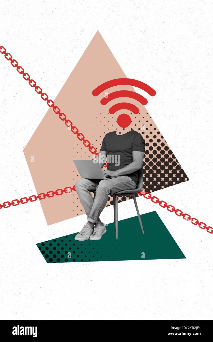 Vertical collage young headless man sitting laptop browsing remote job ...