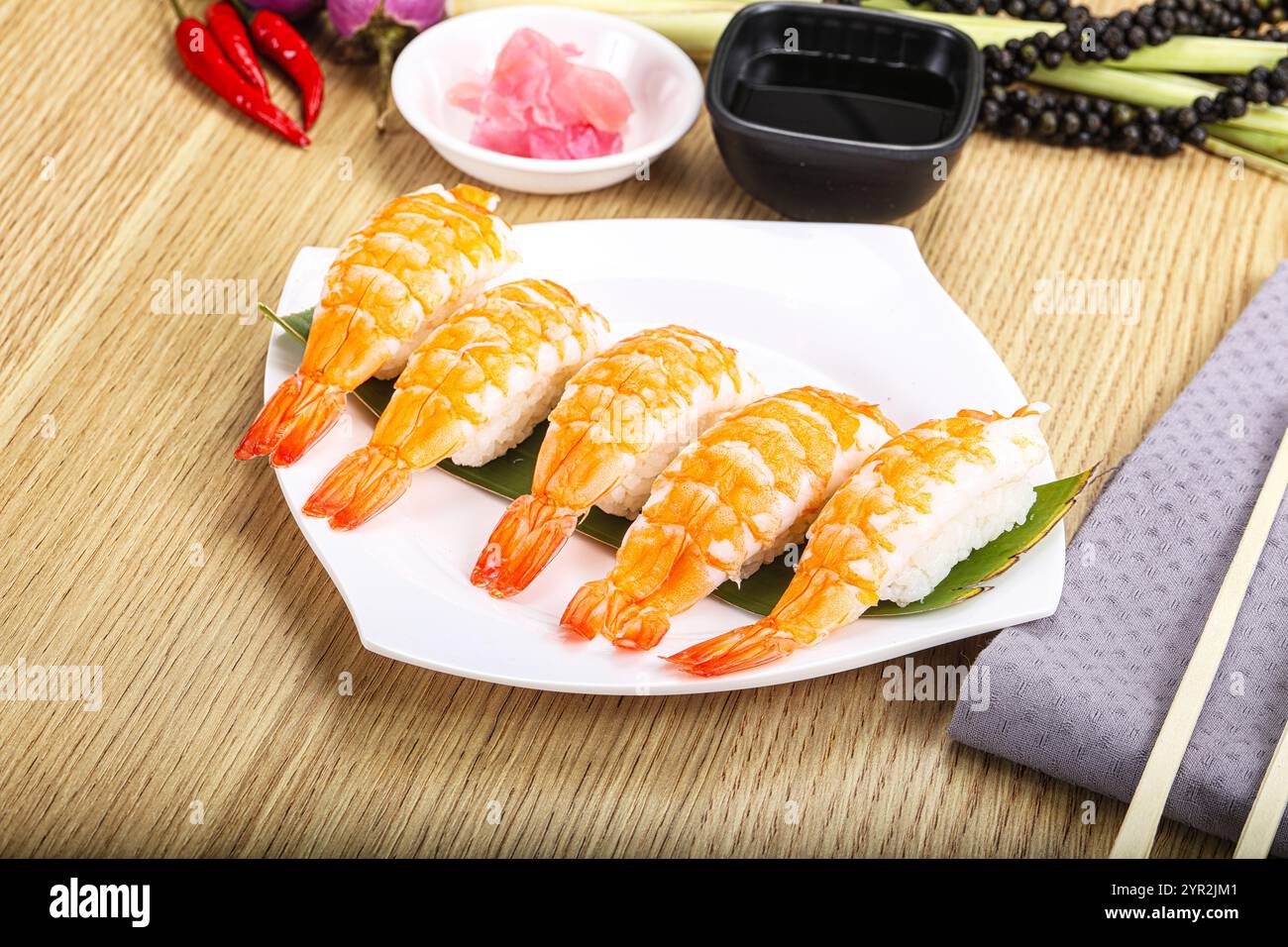 Japanese cuisine - sushi nigiri with prawn Stock Photo - Alamy