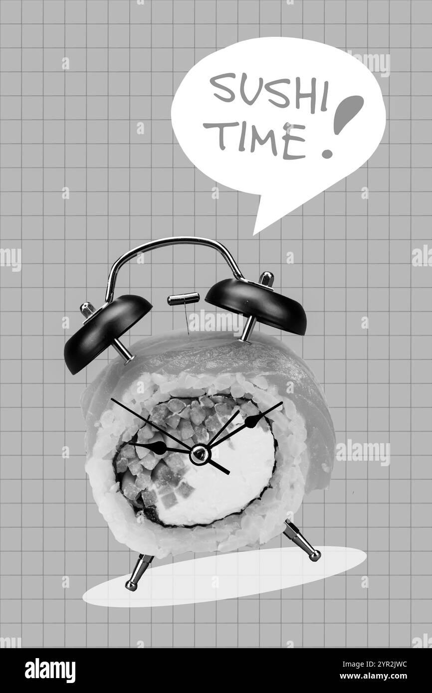 Artwork magazine collage picture of ringing roll clock telling sushi ...