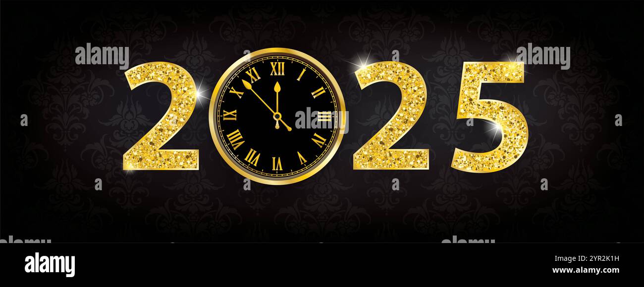 Header Black Wallpaper Clock Ornaments 2025 New Year banner with golden ...