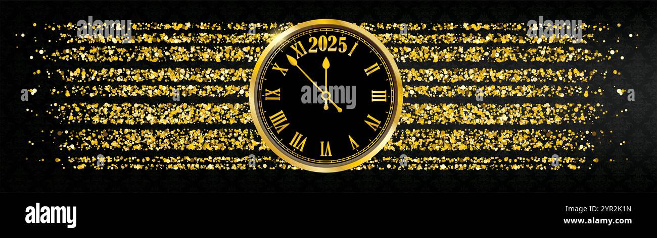 Long Black Banner Ornaments Clock 2025 Centre Gold Watch with the date ...