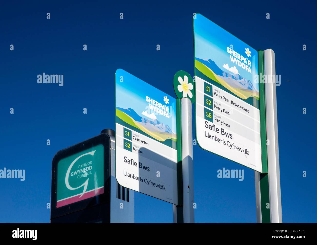 UK, Wales, Gwynedd, Snowdonia, Llanberis, Sherpa’r Wyddfa bus stop ...