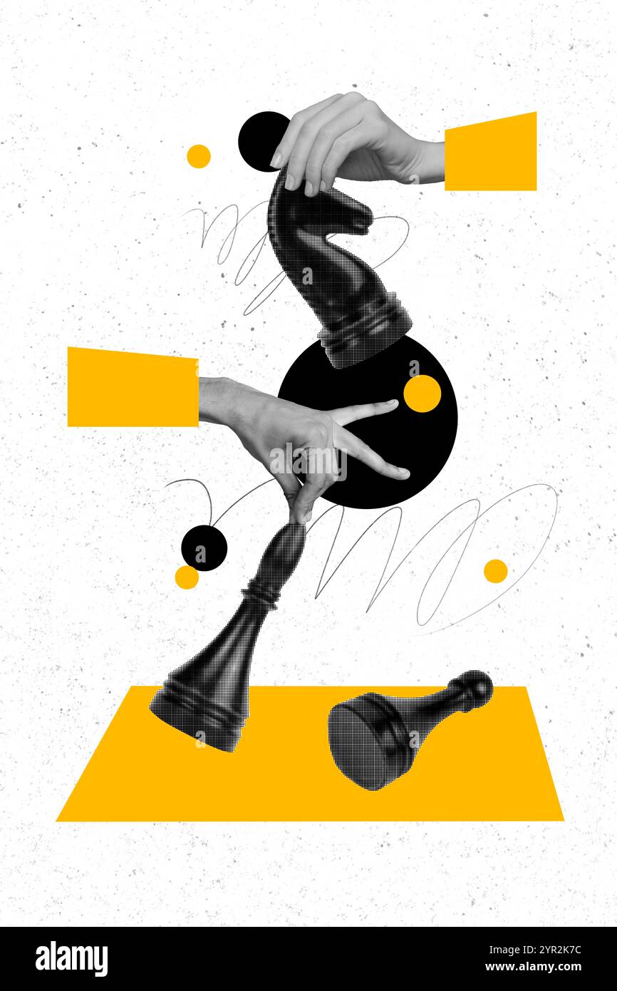 Vertical art banner collage of hands hold chess black figurine knight ...