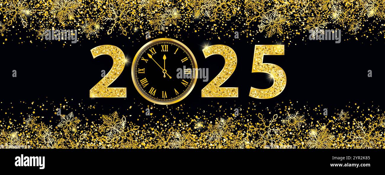 Clock 2025 Golden Sand Particles Snowflakes Header New Year banner with ...