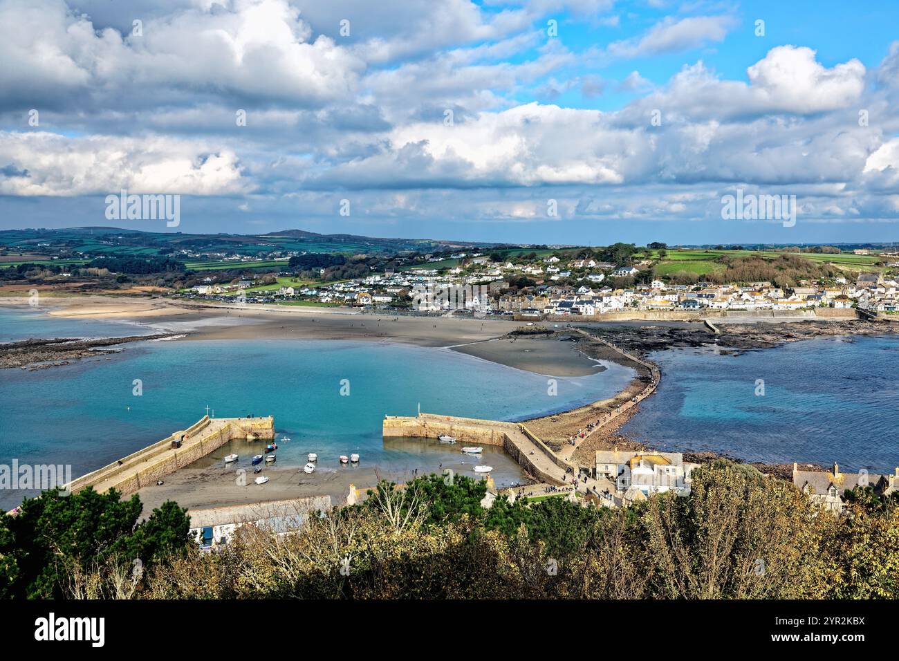 Elevated viewpoint of the public causeway linking St Michaels mount and ...