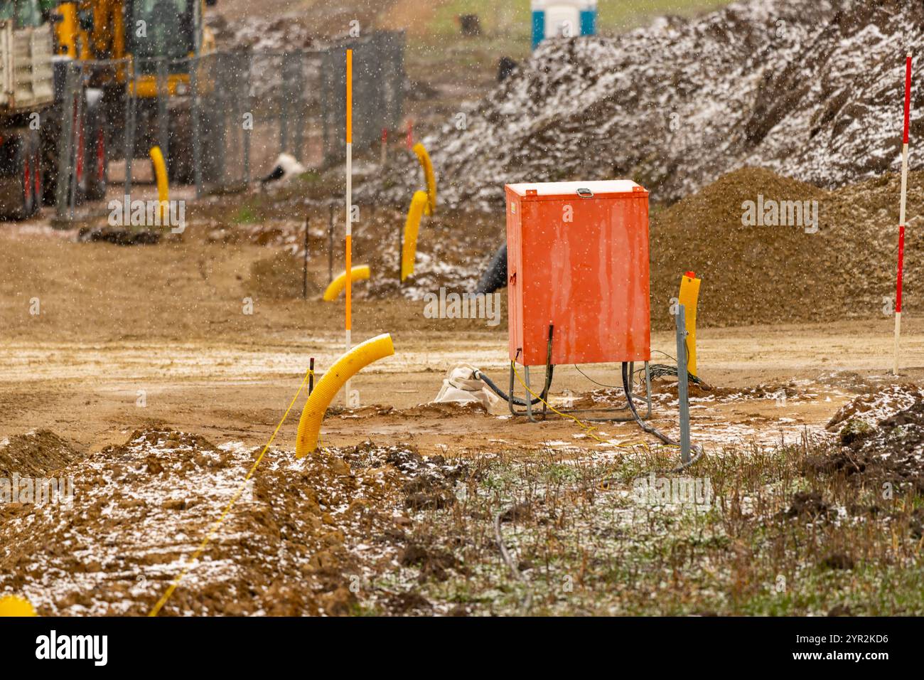 Construction electricity box on a road construction site with a little ...