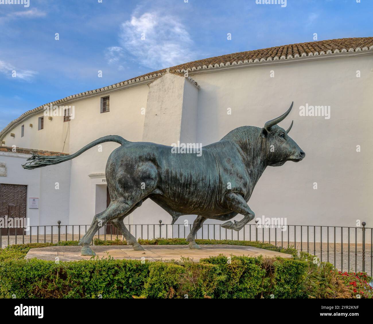 The statue of a bull outside the famous bullring in Ronda Stock Photo ...