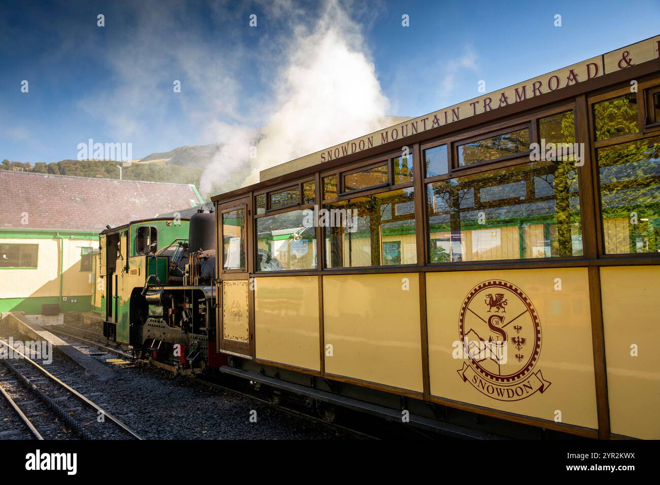 UK, Wales, Gwynedd, Snowdonia, Llanberis, Snowdon Mountain Railway, steam loco Padarn and ...