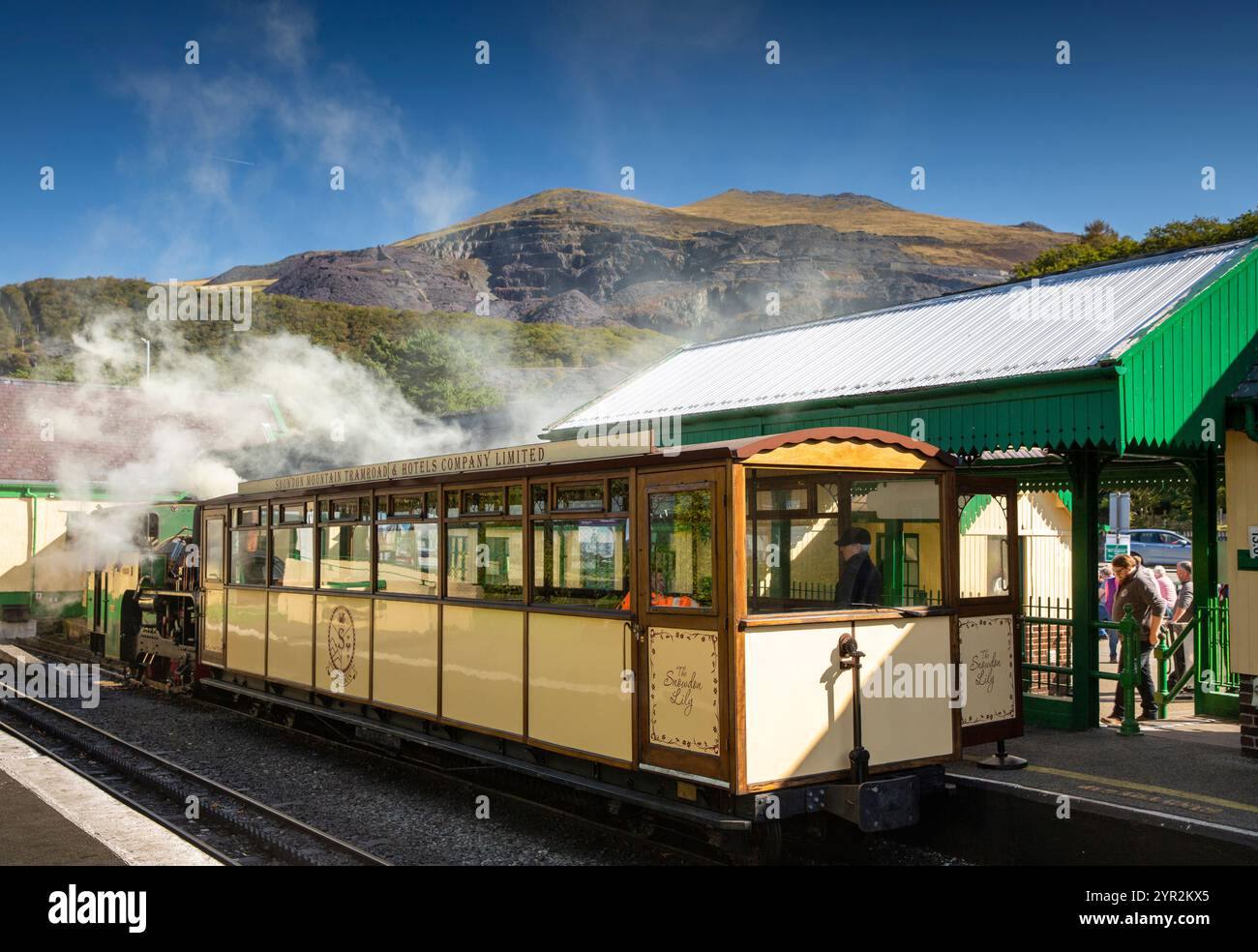 UK, Wales, Gwynedd, Snowdonia, Llanberis, Snowdon Mountain Railway, steam loco Padarn and ...