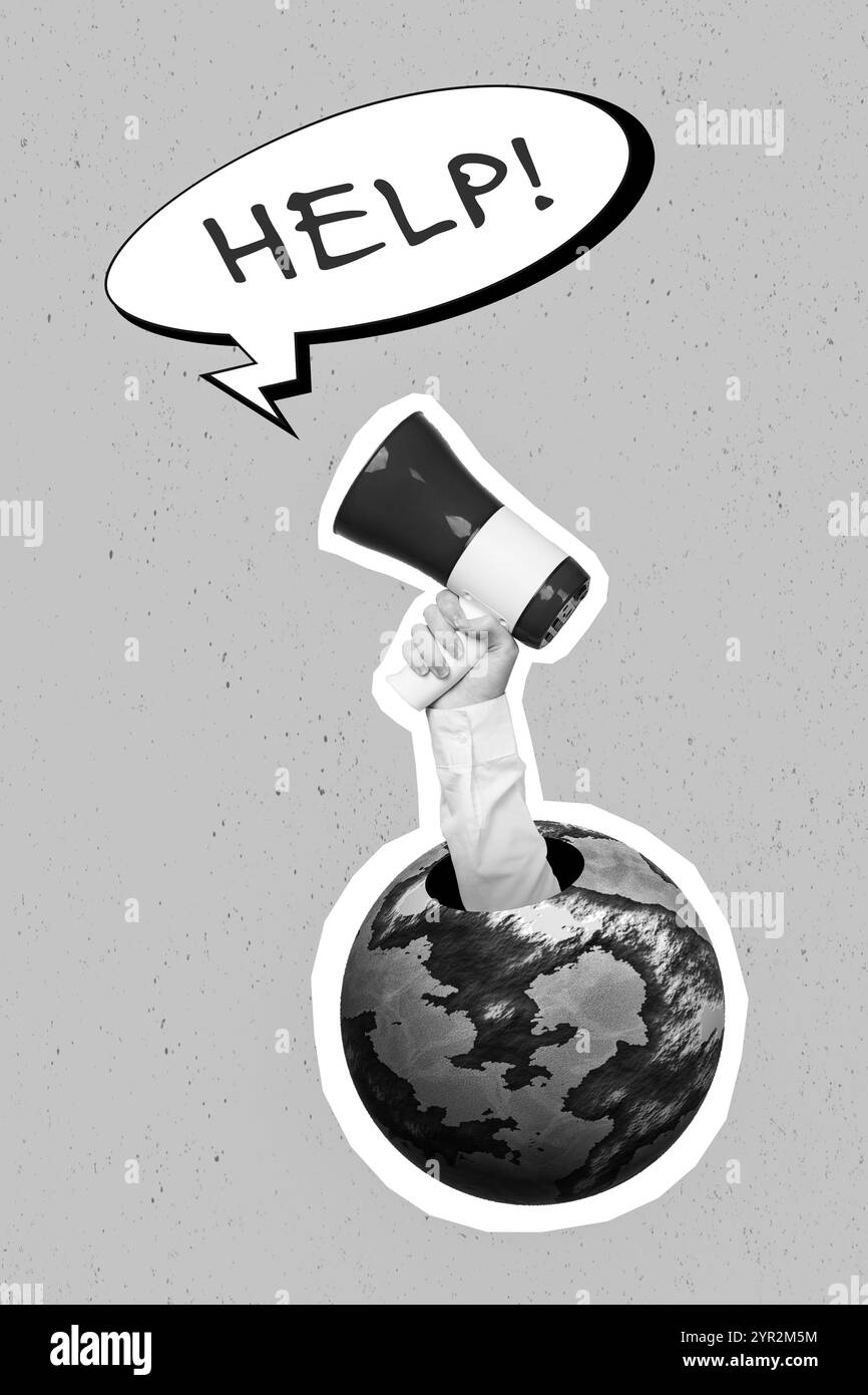 Creative abstract collage template graphics image of planet holding ...