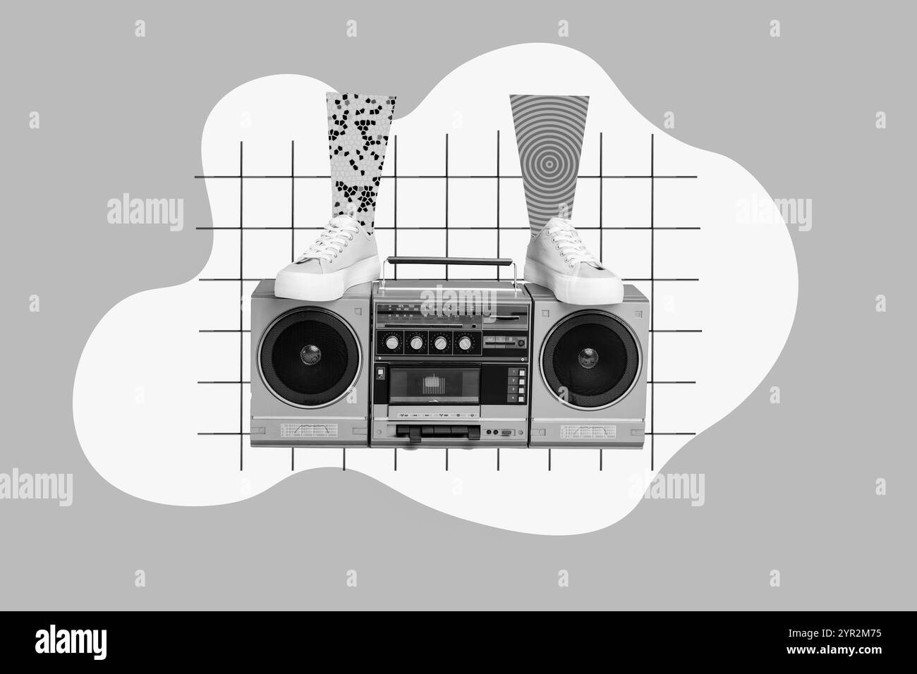 Collage photo of legs painted sock stay vintage boombox listen loud ...