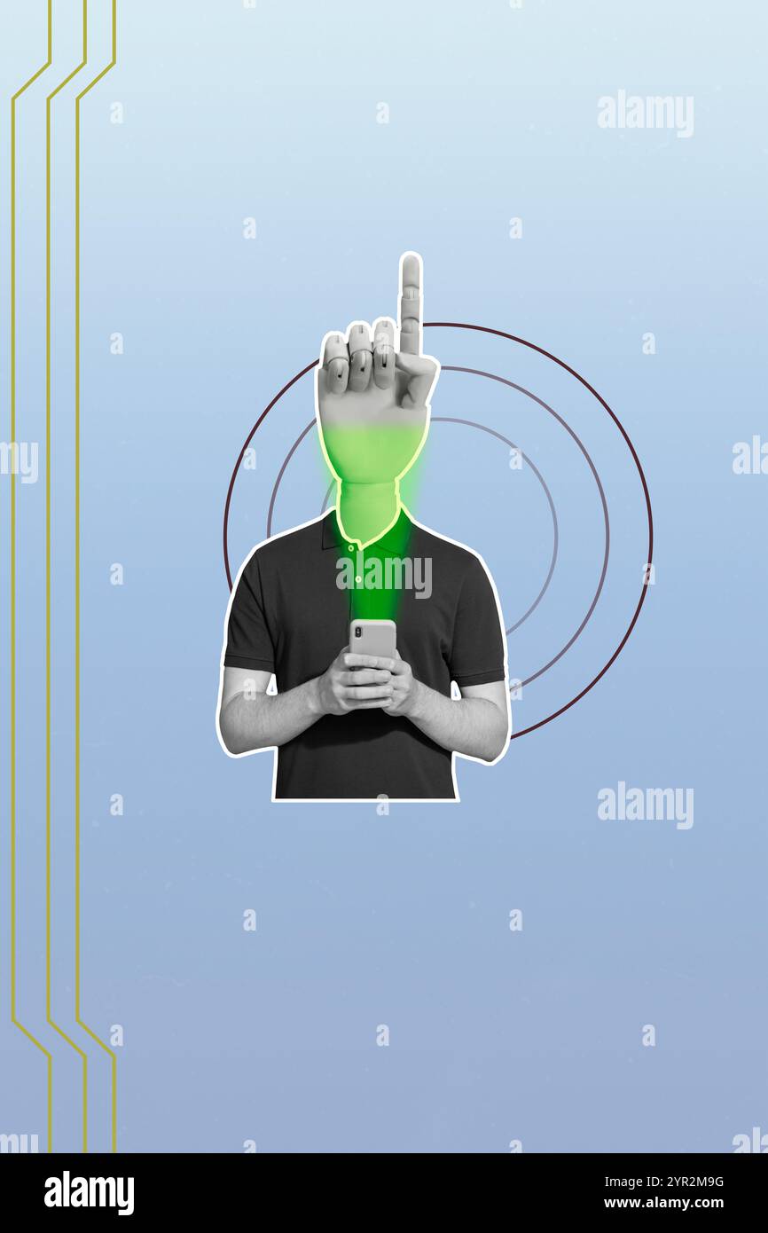Vertical photo collage of anonym man instead head robotic hand point ...