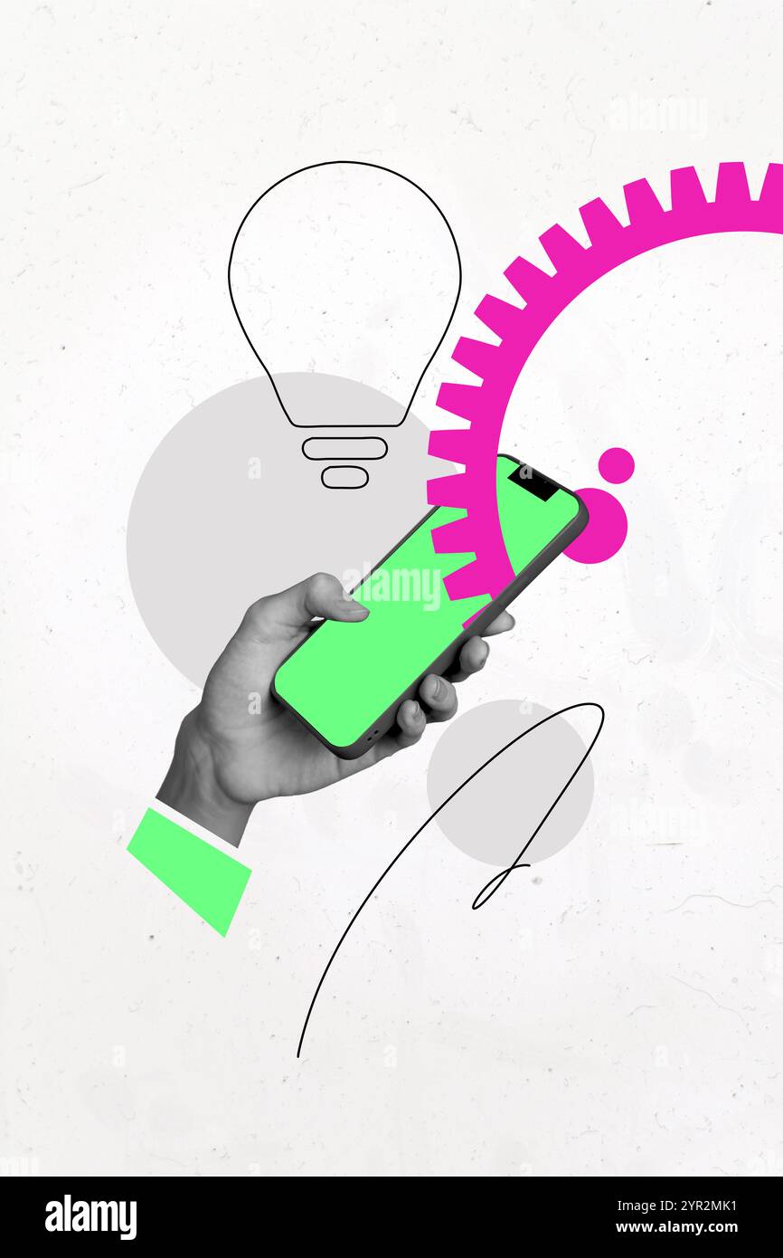 Vertical poster collage smartphone digital device lightbulb lamp eureka cogwheel development ...