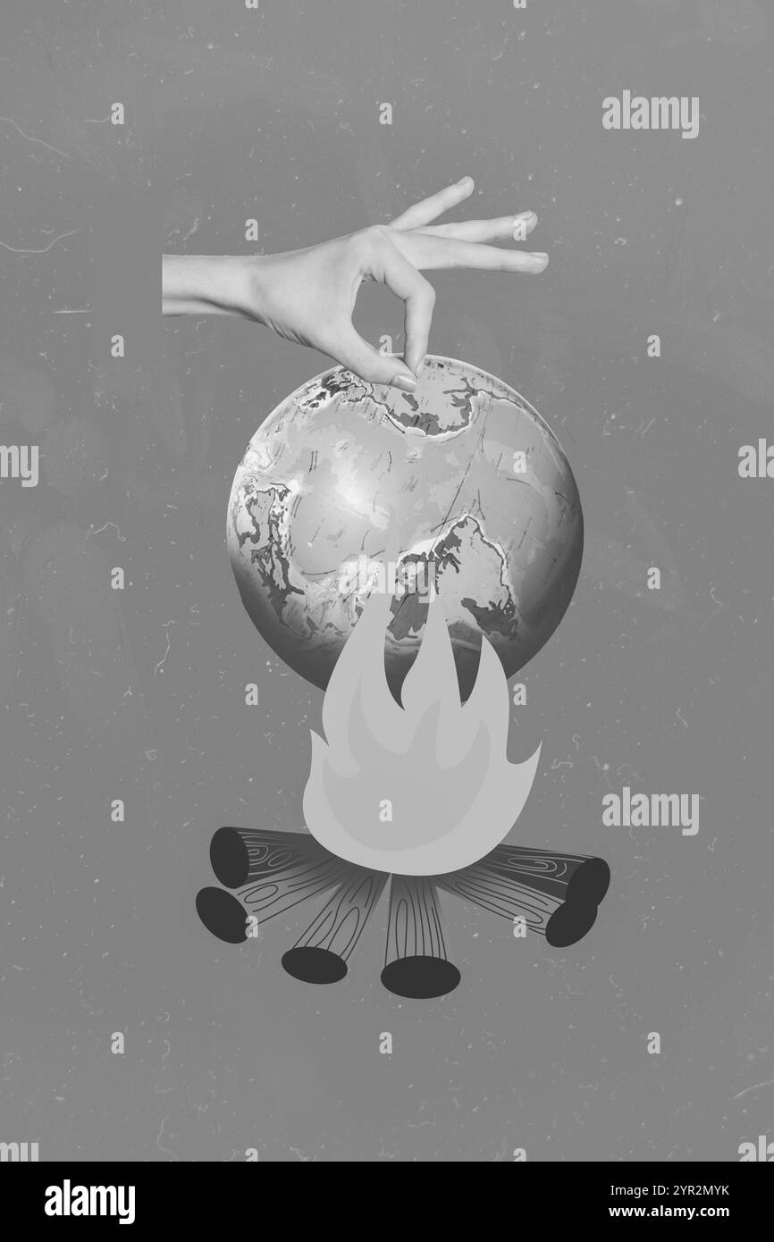 Vertical collage picture of human arm fingers hold miniature planet ...