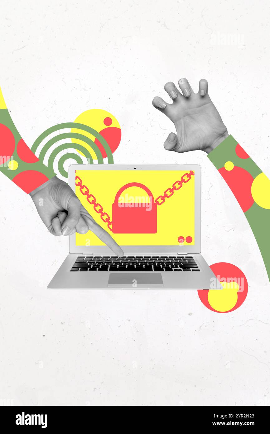 Composite artwork photo collage template sketch of laptop remote lock shield protection ...