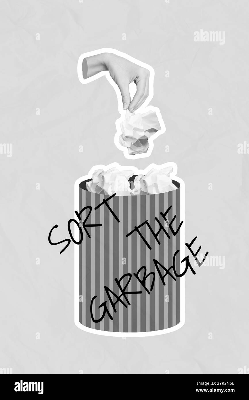 Collage photo concept of waste segregation people sort garbage in trash ...