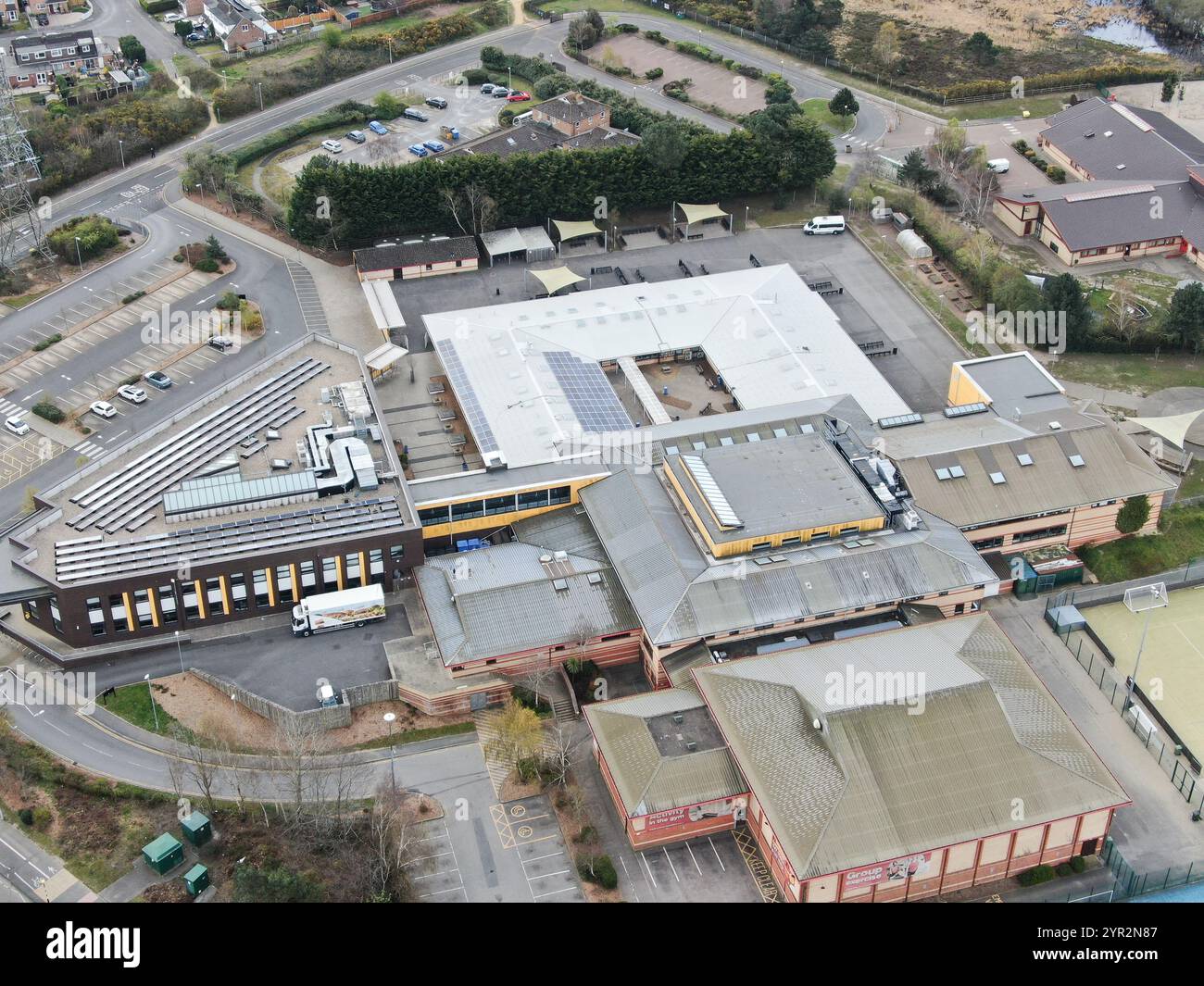 Aerial view of a modern secondary school in the United Kingdom Stock ...